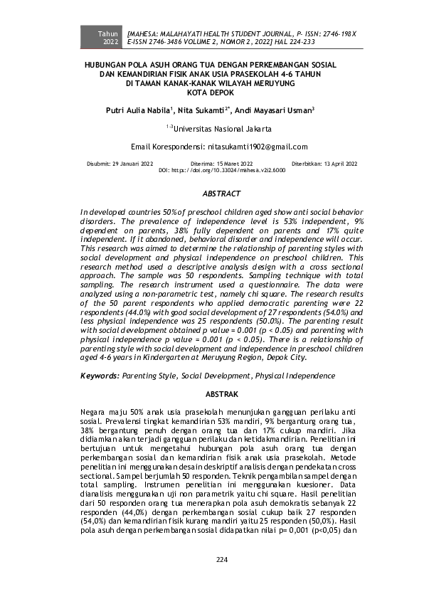 (PDF) Hubungan Pola Asuh Orang Tua Dengan Perkembangan Sosial Dan Kemandirian Fisik Anak Usia ...