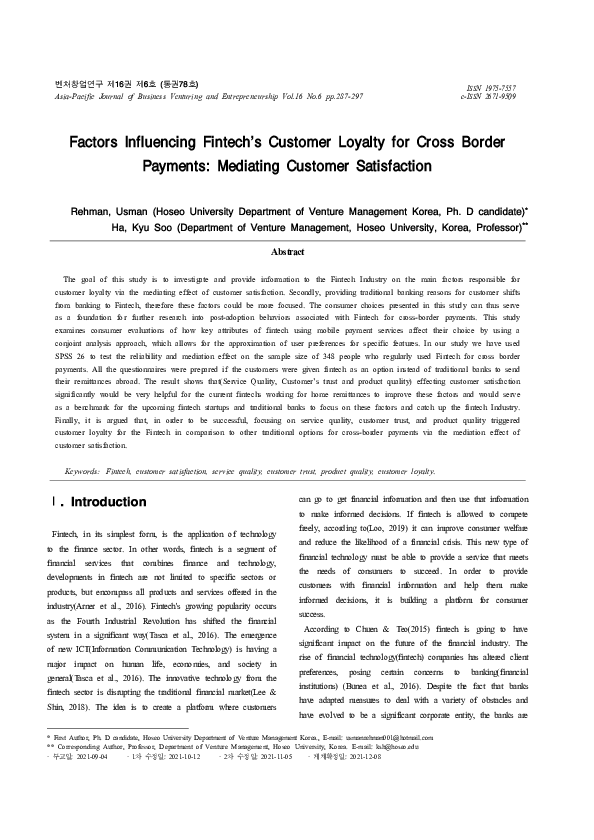 (PDF) Factors Influencing Fintech's Customer Loyalty for Cross Border Payments: Mediating ...