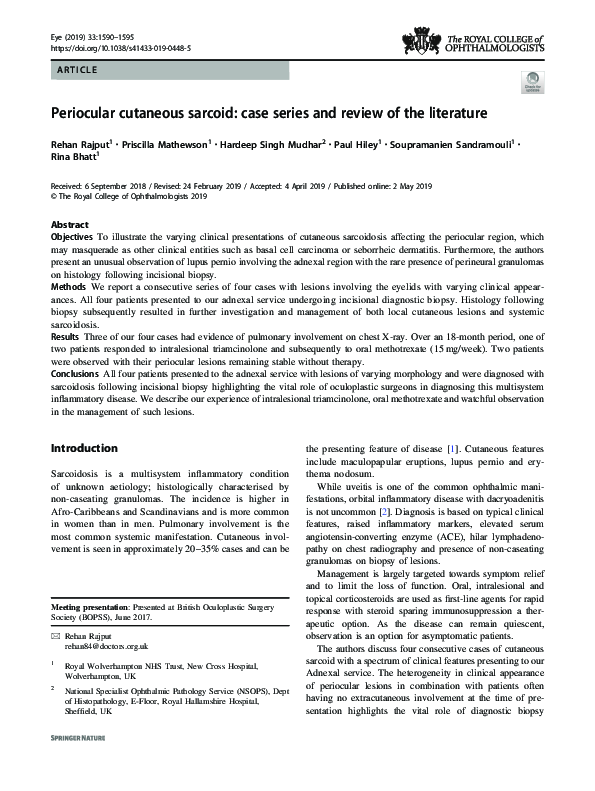 (PDF) Periocular cutaneous sarcoid: case series and review of the ...