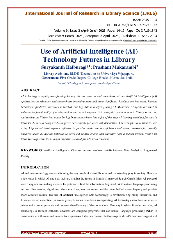 (PDF) Use of Artificial Intelligence (AI) Technology Futures in Library