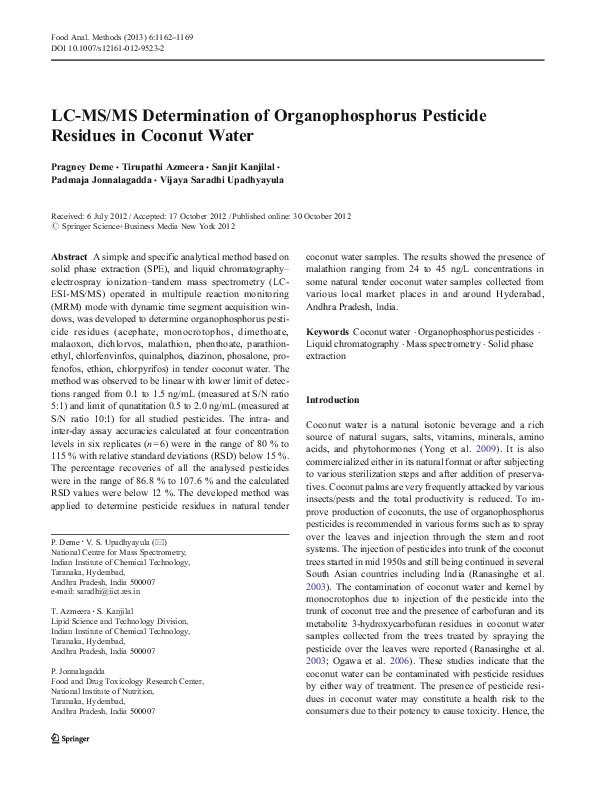(PDF) LC-MS/MS Determination of Organophosphorus Pesticide Residues in Coconut Water