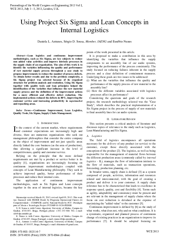 (PDF) Using project Six Sigma and Lean concepts in internal logistics