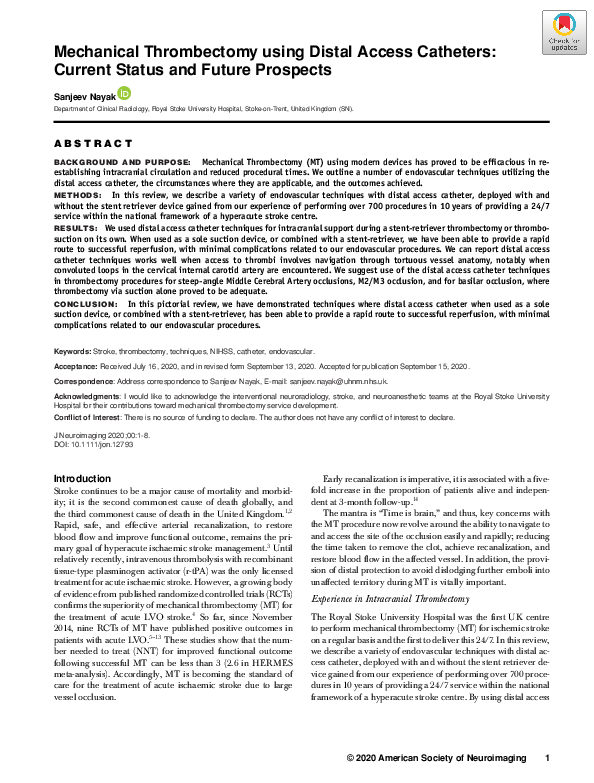 (PDF) Mechanical Thrombectomy using Distal Access Catheters: Current ...