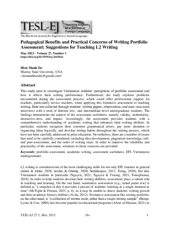 (PDF) Pedagogical Benefits and Practical Concerns of Writing Portfolio Assessment: Suggestions ...