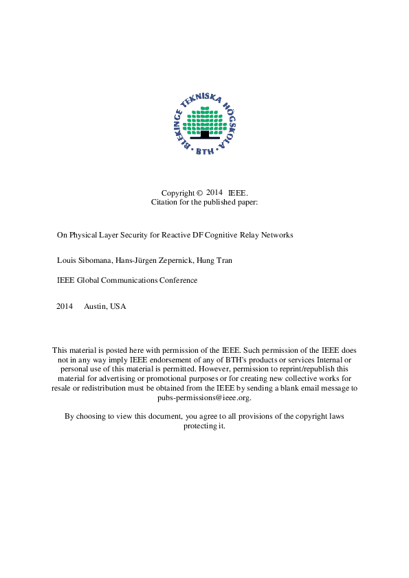 Pdf On Physical Layer Security For Reactive Df Cognitive Relay Networks