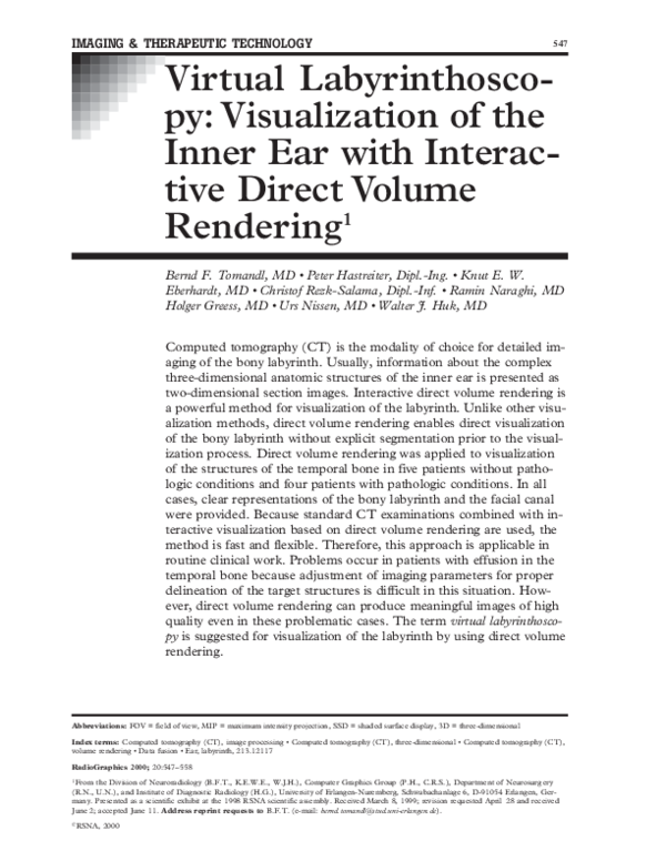 (PDF) Virtual Labyrinthoscopy: Visualization of the Inner Ear with Interactive Direct Volume ...