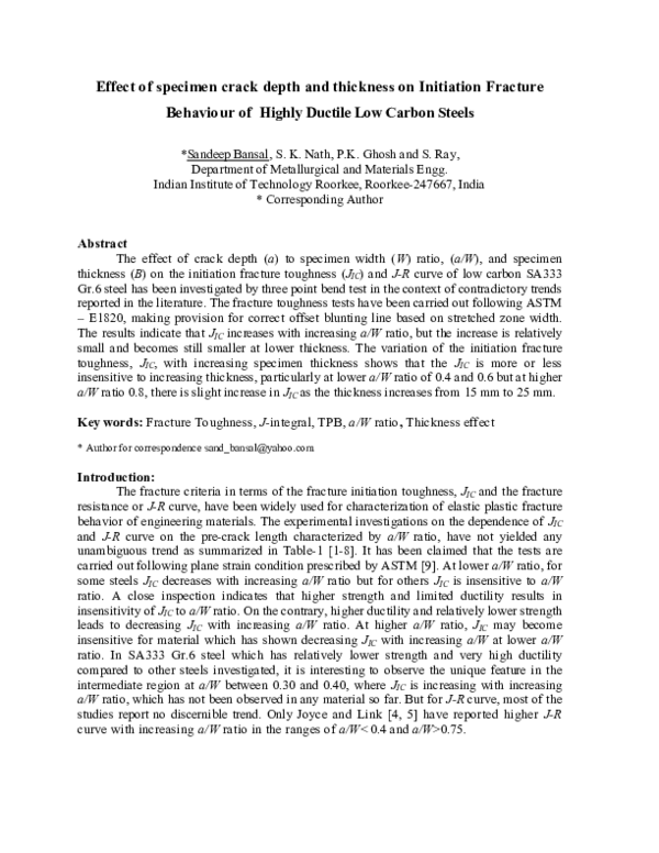 (PDF) Effect of specimen crack depth and thickness on Initiation Fracture Behaviour of Highly ...