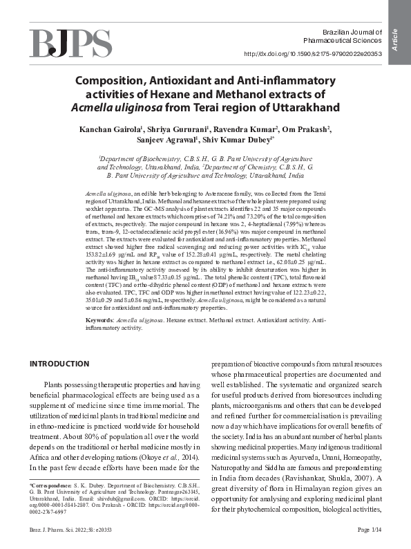 (PDF) Composition, Antioxidant and Anti-inflammatory activities of Hexane and Methanol extracts ...