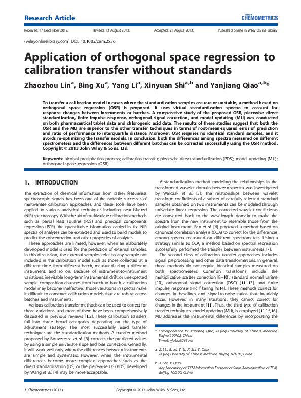 (PDF) Application of orthogonal space regression to calibration transfer without standards