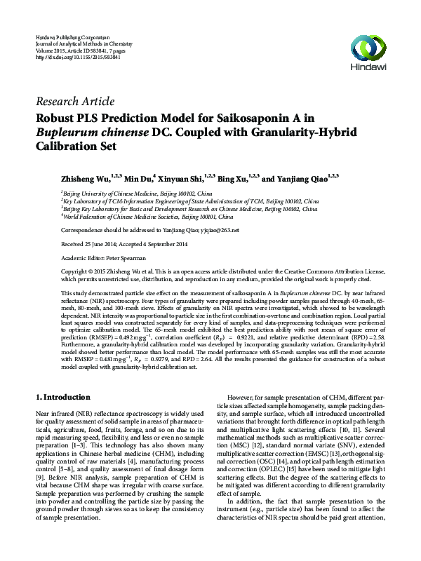 (PDF) Robust PLS Prediction Model for Saikosaponin A in Bupleurum chinense DC. Coupled with ...