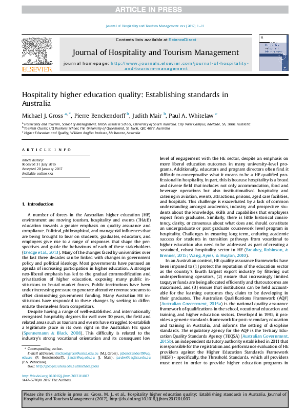 (PDF) Hospitality higher education quality: Establishing standards in ...