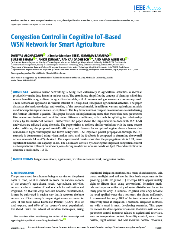 (PDF) Congestion Control in Cognitive IoT-Based WSN Network for Smart Agriculture