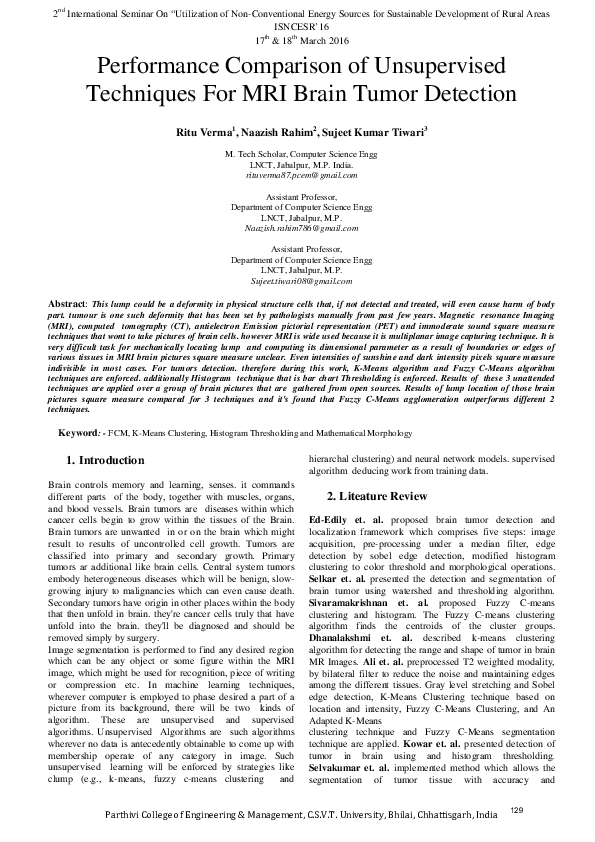 (PDF) Performance Comparison of Unsupervised Techniques For MRI Brain Tumor Detection