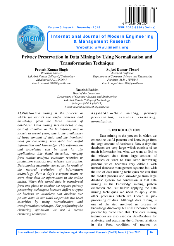 (PDF) Privacy Preservation in Data Mining by Using Normalization and Transformation Technique
