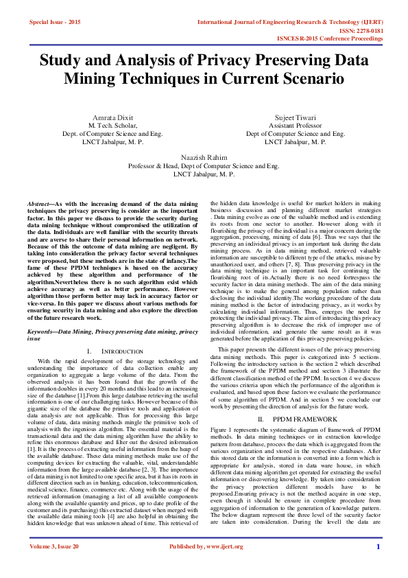 (PDF) Study and Analysis of Privacy Preserving Data Mining Techniques in Current Scenario
