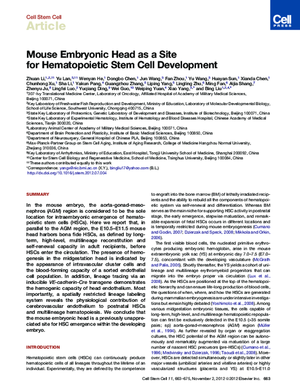 (PDF) Mouse Embryonic Head as a Site for Hematopoietic Stem Cell ...