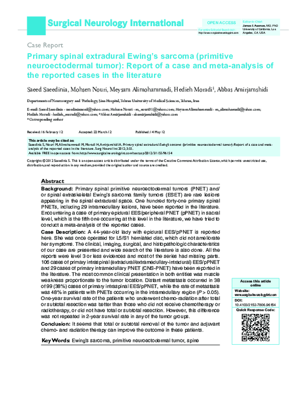 Pdf Primary Spinal Extradural Ewing′s Sarcoma Primitive Neuroectodermal Tumor Report Of A