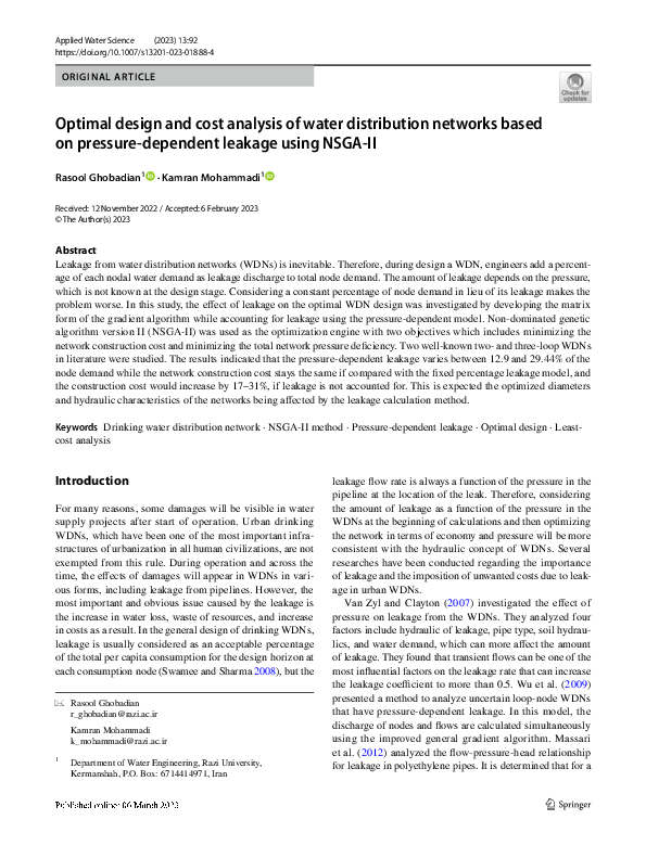 (PDF) Optimal design and cost analysis of water distribution networks based on pressure ...