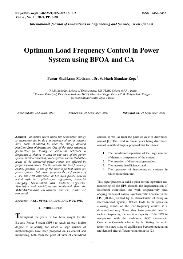 (PDF) Optimum Load Frequency Control in Power System using BFOA and CA