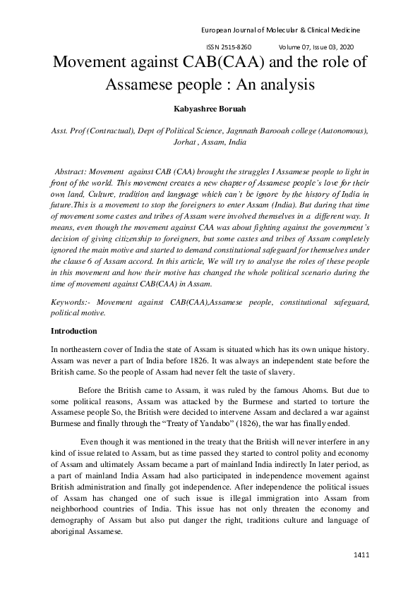 (PDF) Movement against CAB(CAA) and the role of Assamese people : An ...