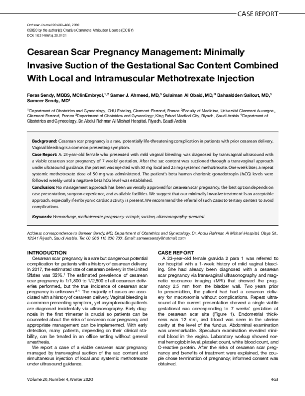 (PDF) Cesarean Scar Pregnancy Management: Minimally Invasive Suction of ...