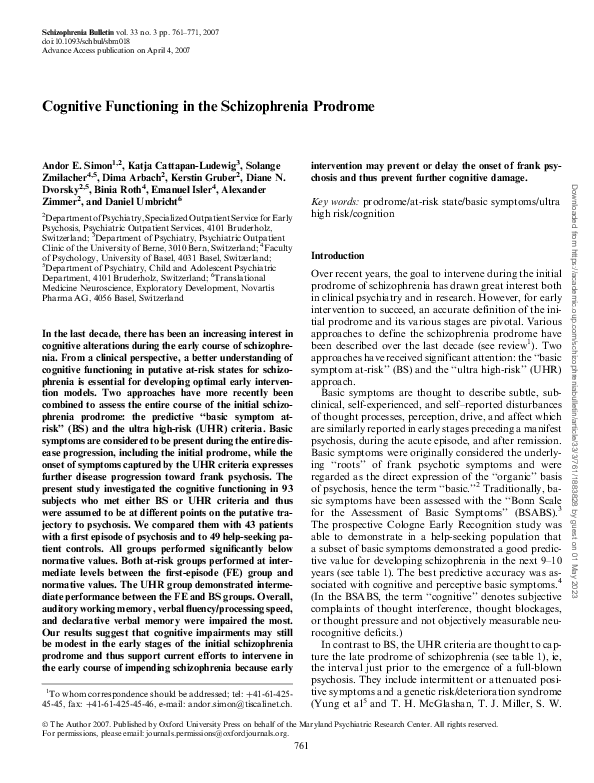 (PDF) Cognitive Functioning in the Schizophrenia Prodrome
