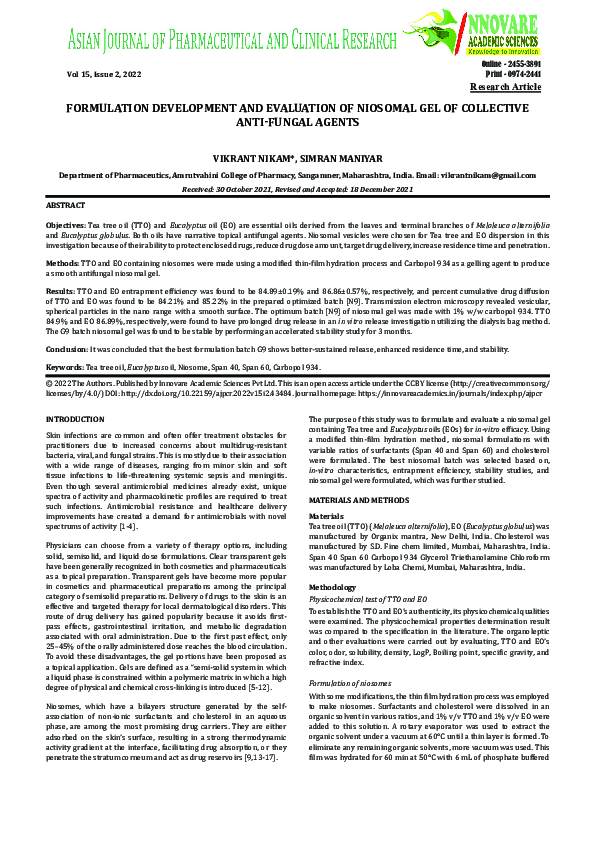 (PDF) FORMULATION DEVELOPMENT AND EVALUATION OF NIOSOMAL GEL OF ...