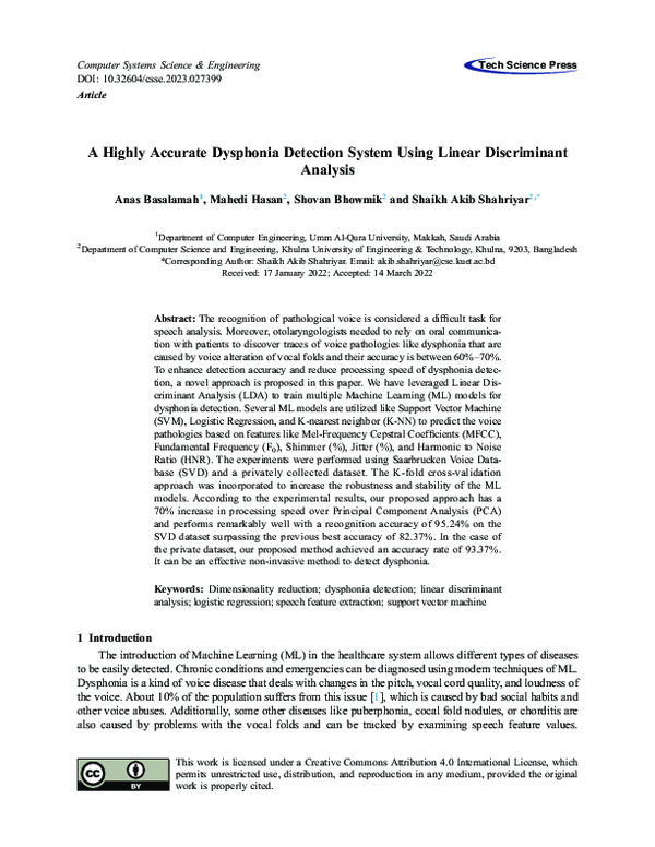 (PDF) A Highly Accurate Dysphonia Detection System Using Linear Discriminant Analysis