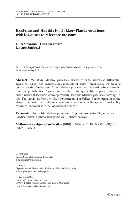 (PDF) Existence and stability for Fokker–Planck equations with log ...
