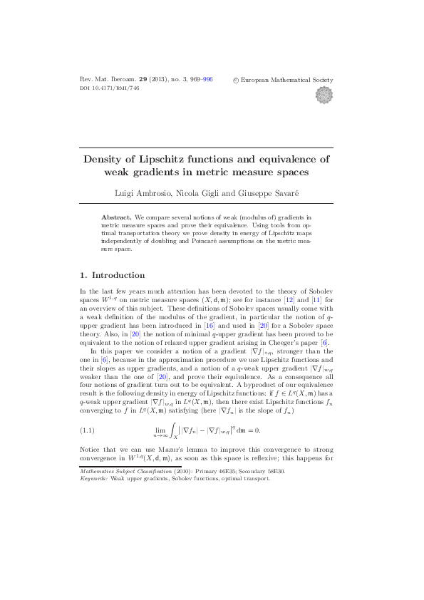 (PDF) Density of Lipschitz functions and equivalence of weak gradients in metric measure spaces