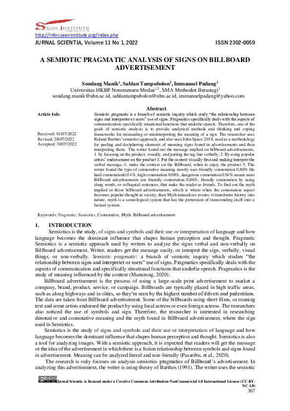 (PDF) A Semiotic Pragmatic Analysis of Signs on Billboard Advertisement