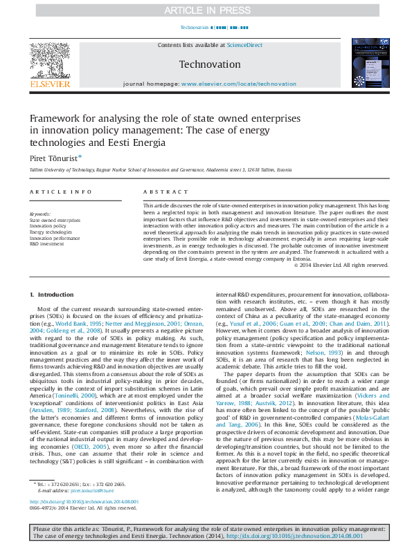 (PDF) Framework for analysing the role of state owned enterprises in innovation policy ...