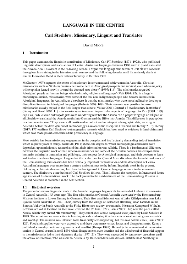 (PDF) LANGUAGE IN THE CENTRE Carl Strehlow: Missionary, Linguist and ...