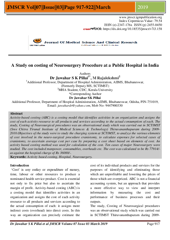 (PDF) A Study on costing of Neurosurgery Procedure at a Public Hospital ...