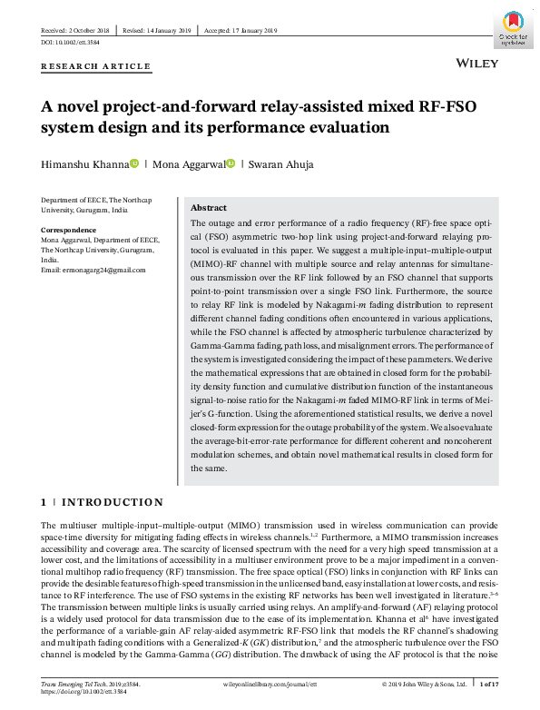 (PDF) A novel project-and-forward relay-assisted mixed RF-FSO system design and its performance ...