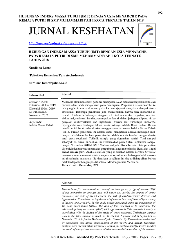 (PDF) Hubungan Indeks Massa Tubuh (IMT) Dengan Usia Menarche Pada ...
