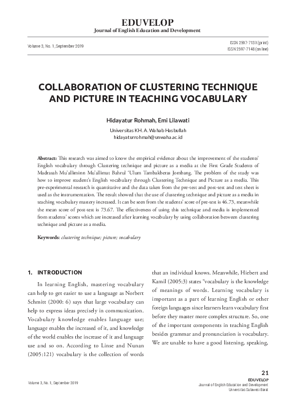 (PDF) Collaboration of Clustering Technique and Picture in Teaching Vocabulary
