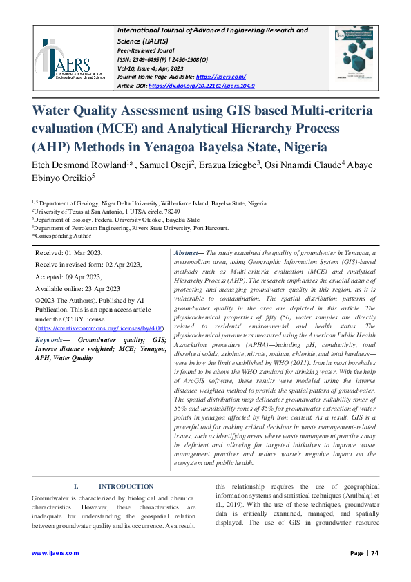(PDF) Water Quality Assessment using GIS based Multi-criteria evaluation (MCE) and Analytical ...