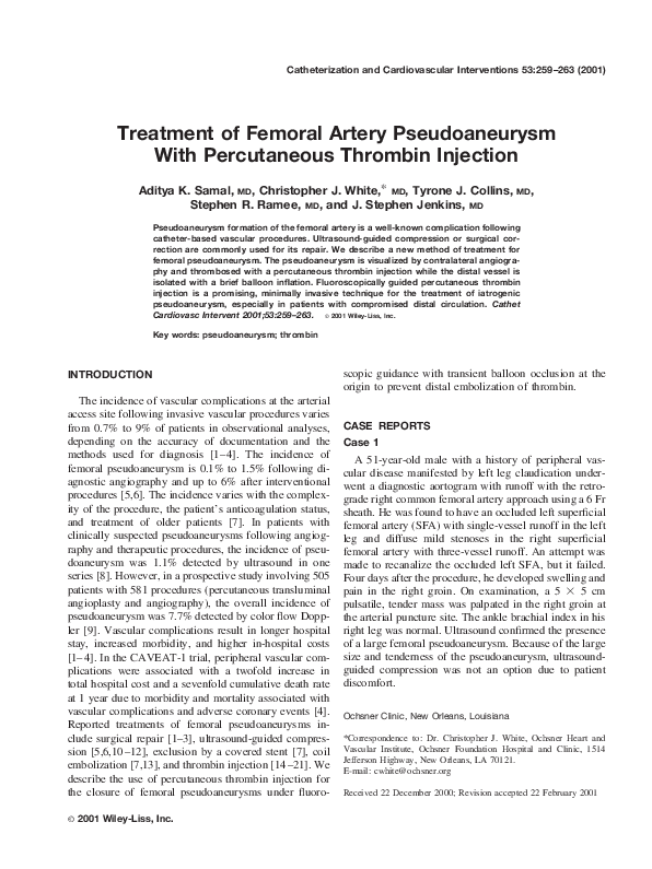 (PDF) Treatment of femoral artery pseudoaneurysm with percutaneous thrombin injection