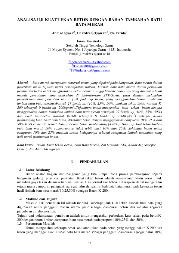 (PDF) Analisa Uji Kuat Tekan Beton Dengan Bahan Tambahan Batu Bata Merah