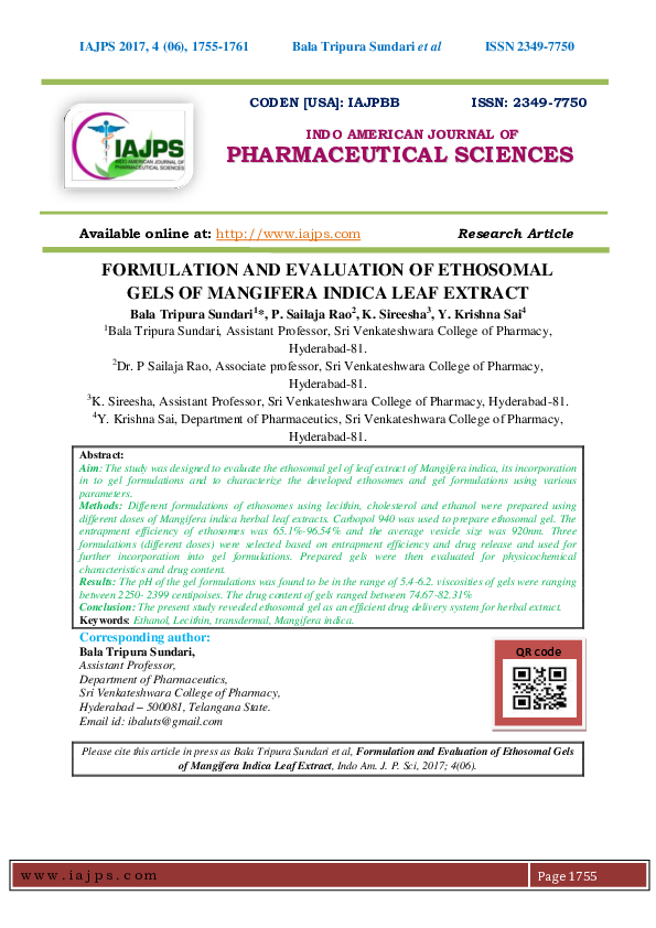 (PDF) Formulation And Evaluation Of Ethosomal Gels Of Mangifera Indica ...