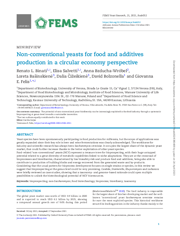 (PDF) Non-conventional yeasts for food and additives production in a ...