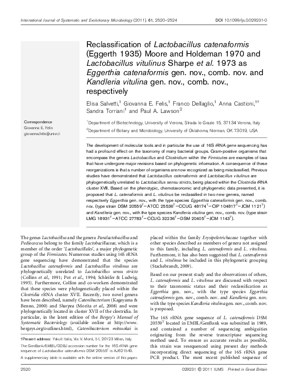 (PDF) Reclassification of Lactobacillus catenaformis (Eggerth 1935 ...