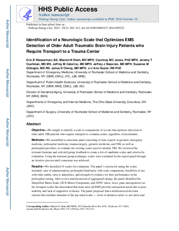 (PDF) Identification of a Neurologic Scale That Optimizes EMS Detection of Older Adult Traumatic ...