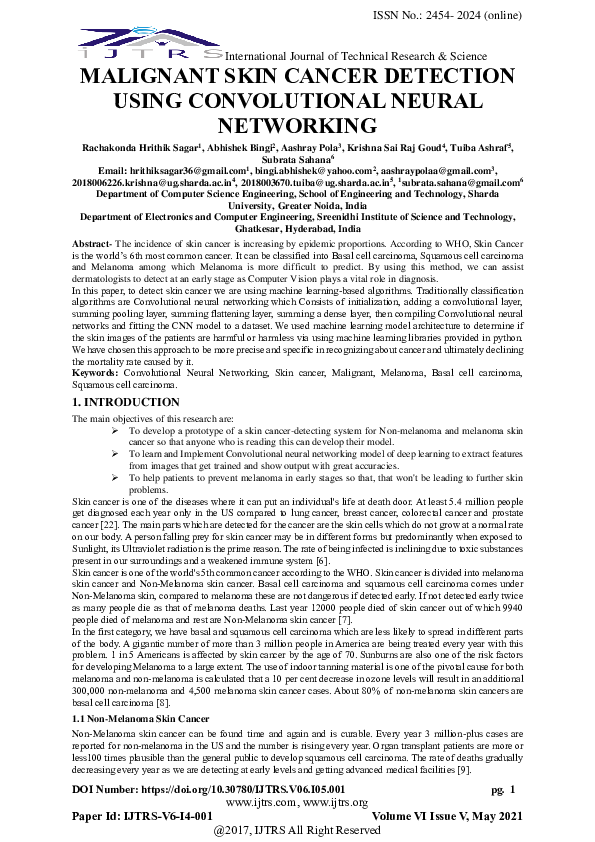 Malignant Skin Cancer Detection Using Convolutional Neural Networking