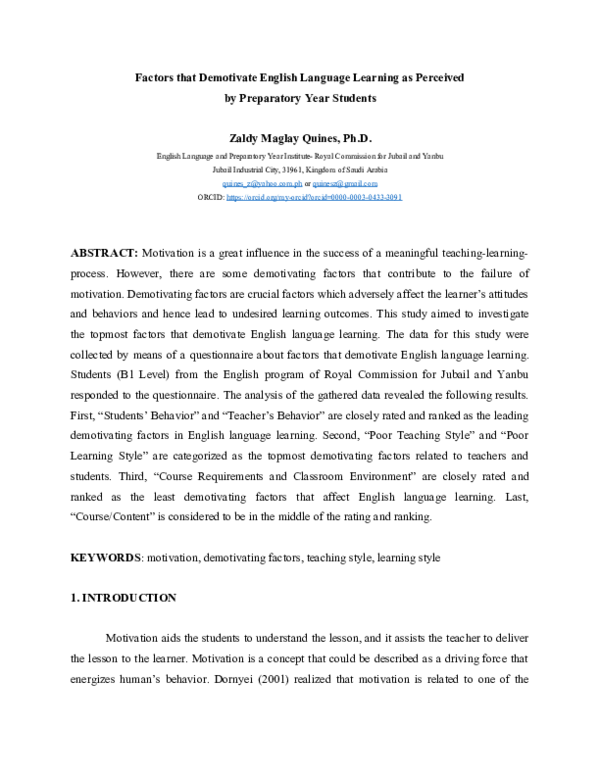 (DOC) Factors that Demotivate English Language Learning as Perceived by ...