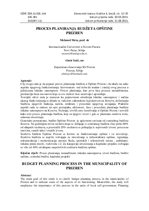 (PDF) Budget planning process in the municipality of Prizren