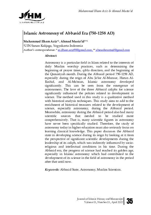 (PDF) Islamic Astronomy of Abbasid Era (750-1258 AD)