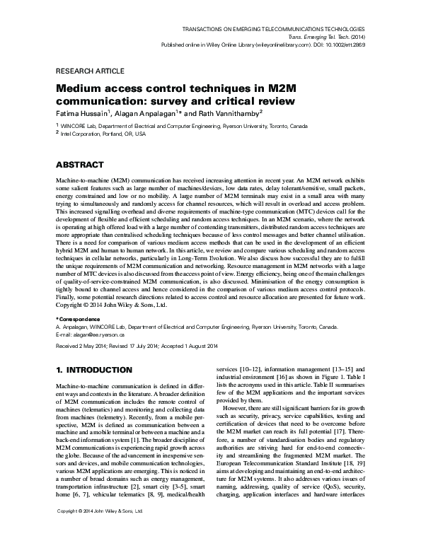 (PDF) Medium access control techniques in M2M communication: survey and critical review