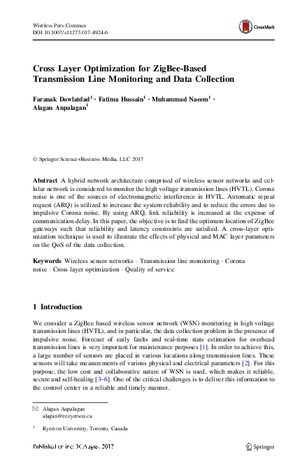 (PDF) Cross Layer Optimization for ZigBee-Based Transmission Line Monitoring and Data Collection ...
